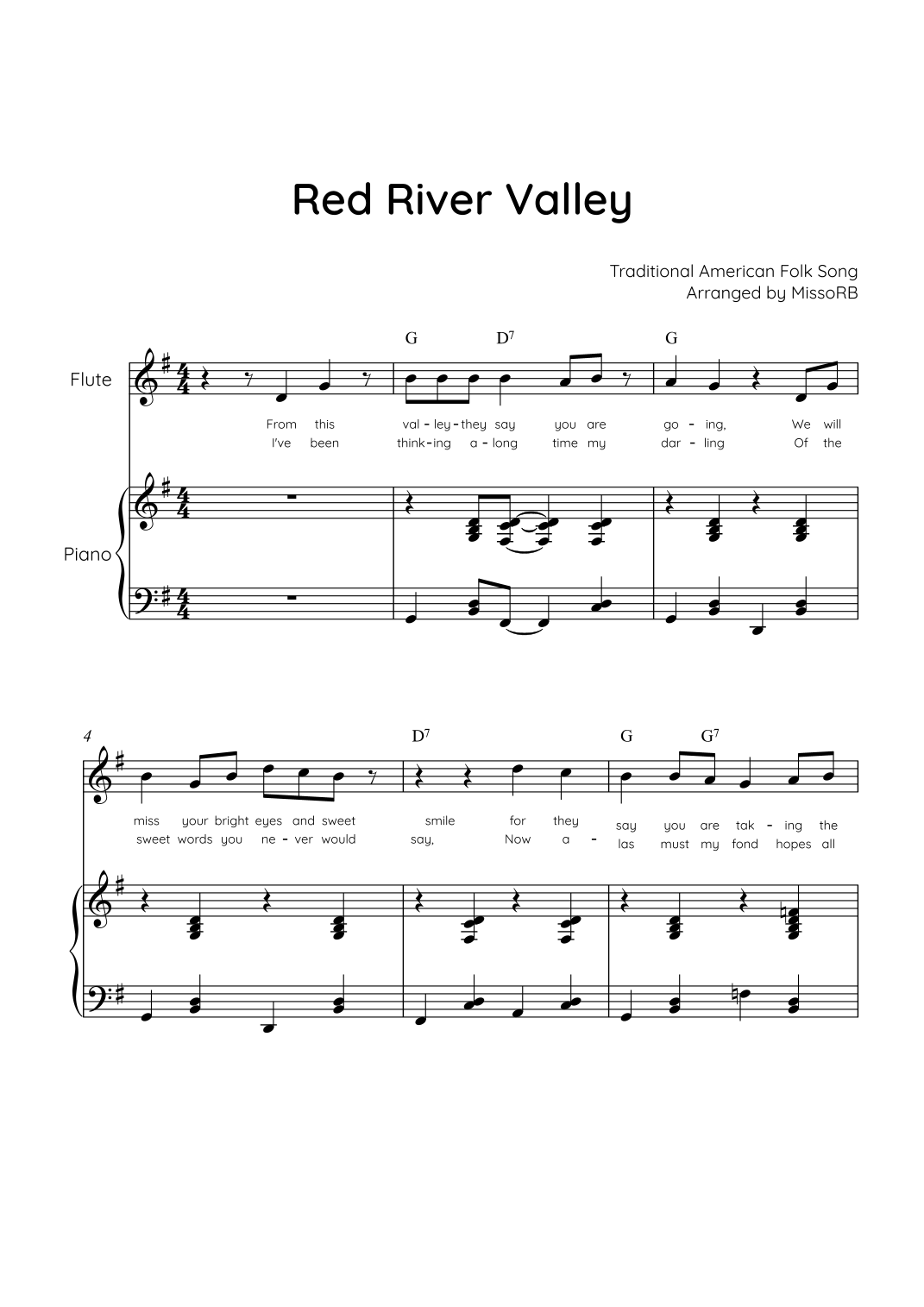 Red River Valley - Flute & Piano in G With Chords & Lyric - Easy (arr ...