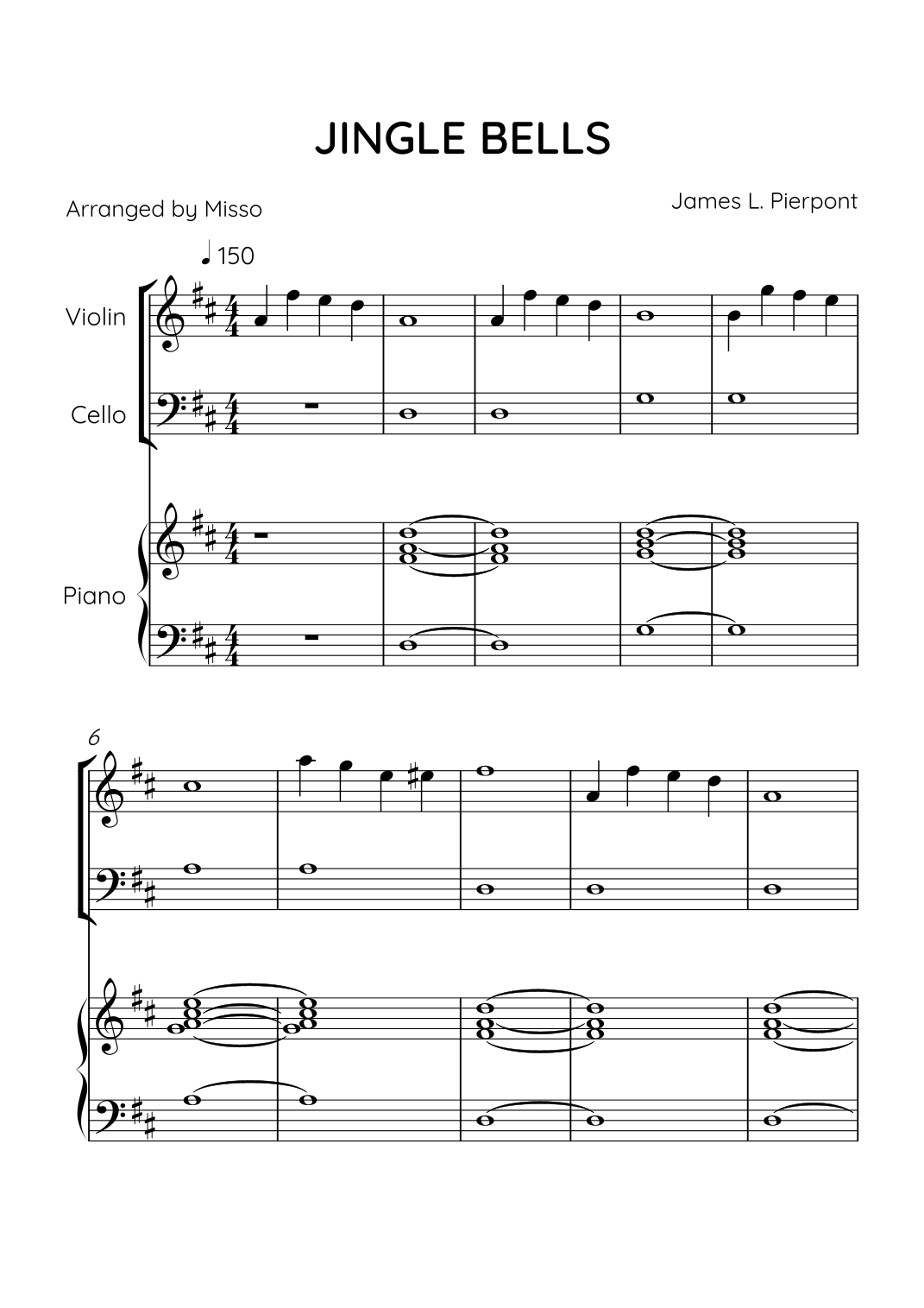 Jingle Bells - Violin, Cello & Piano in D Major (Beginner With Chords) (arr. MissoRB) by James L ...