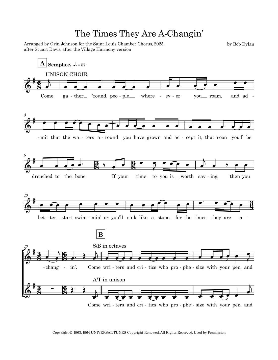 The Times They Are A-Changin' (arr. Orin Johnson) by Bob Dylan Sheet ...