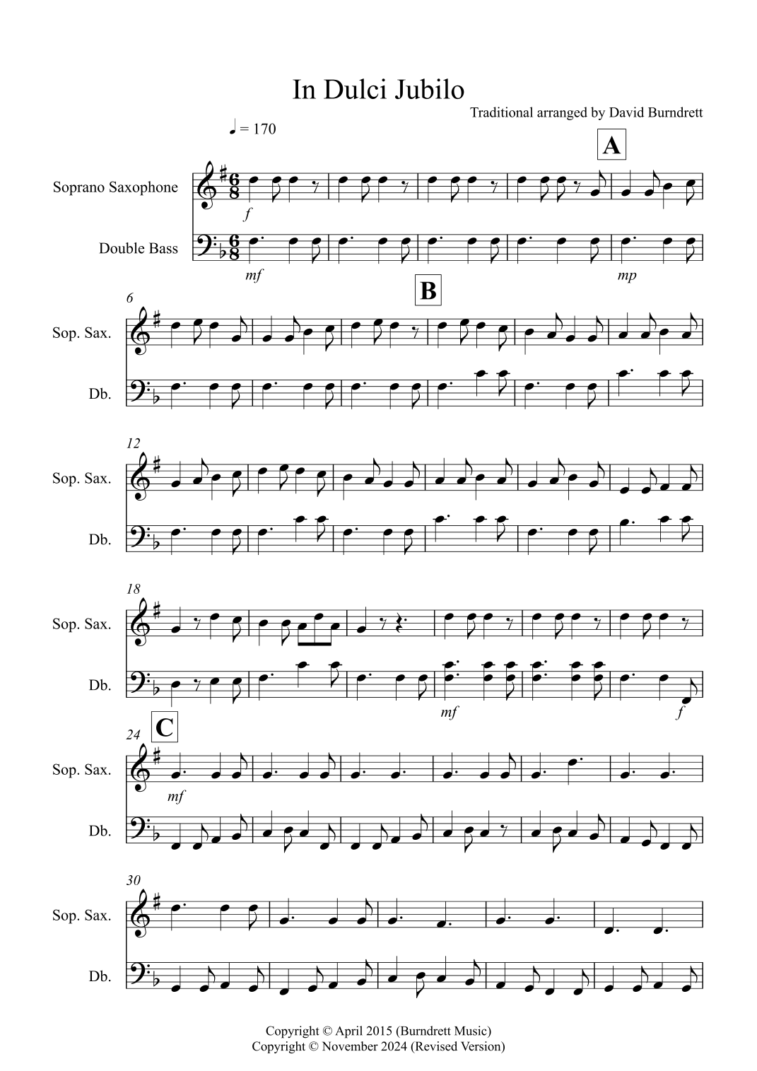 In Dulci Jubilo for Soprano Saxophone and Double Bass Duet (arr. David ...
