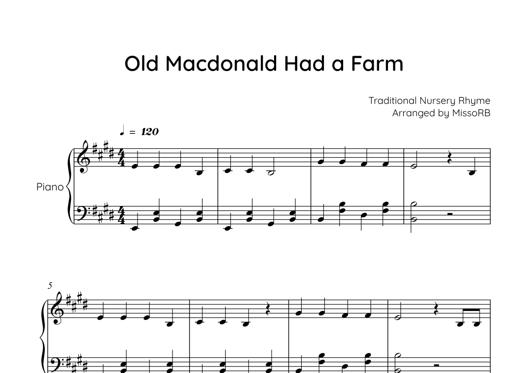 Old Macdonald Had a Farm - Piano in E - Easy (arr. MissoRB) por ...