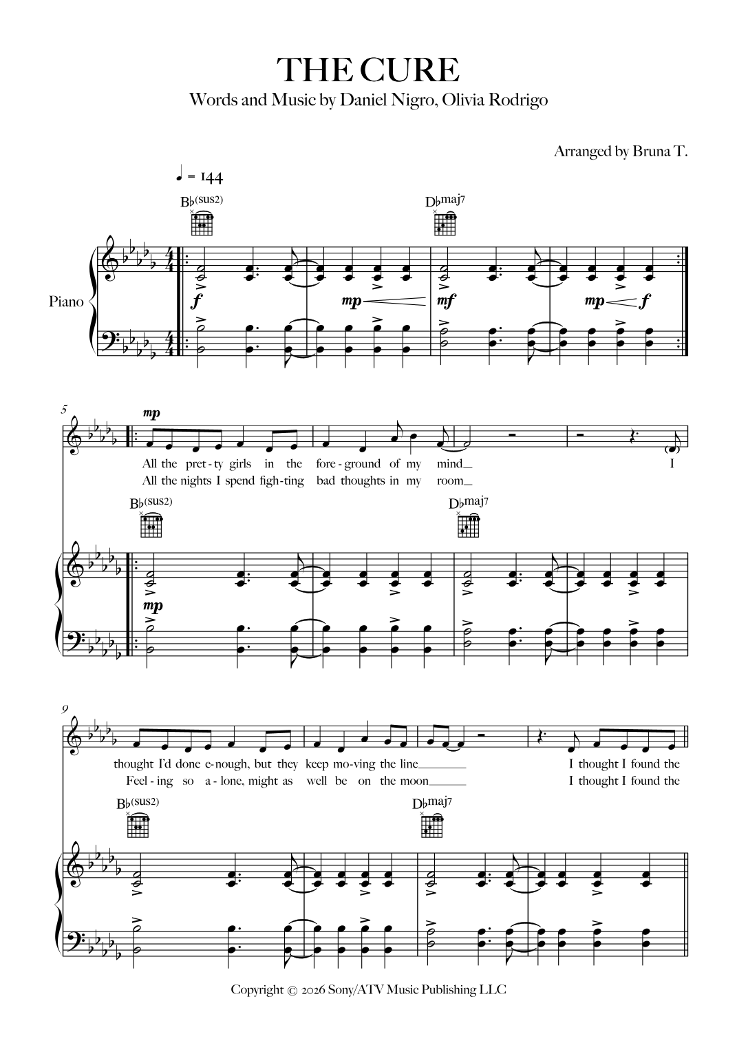 The Cure (arr. Bruna T.) by Olivia Rodrigo Sheet Music for Piano, Vocal ...