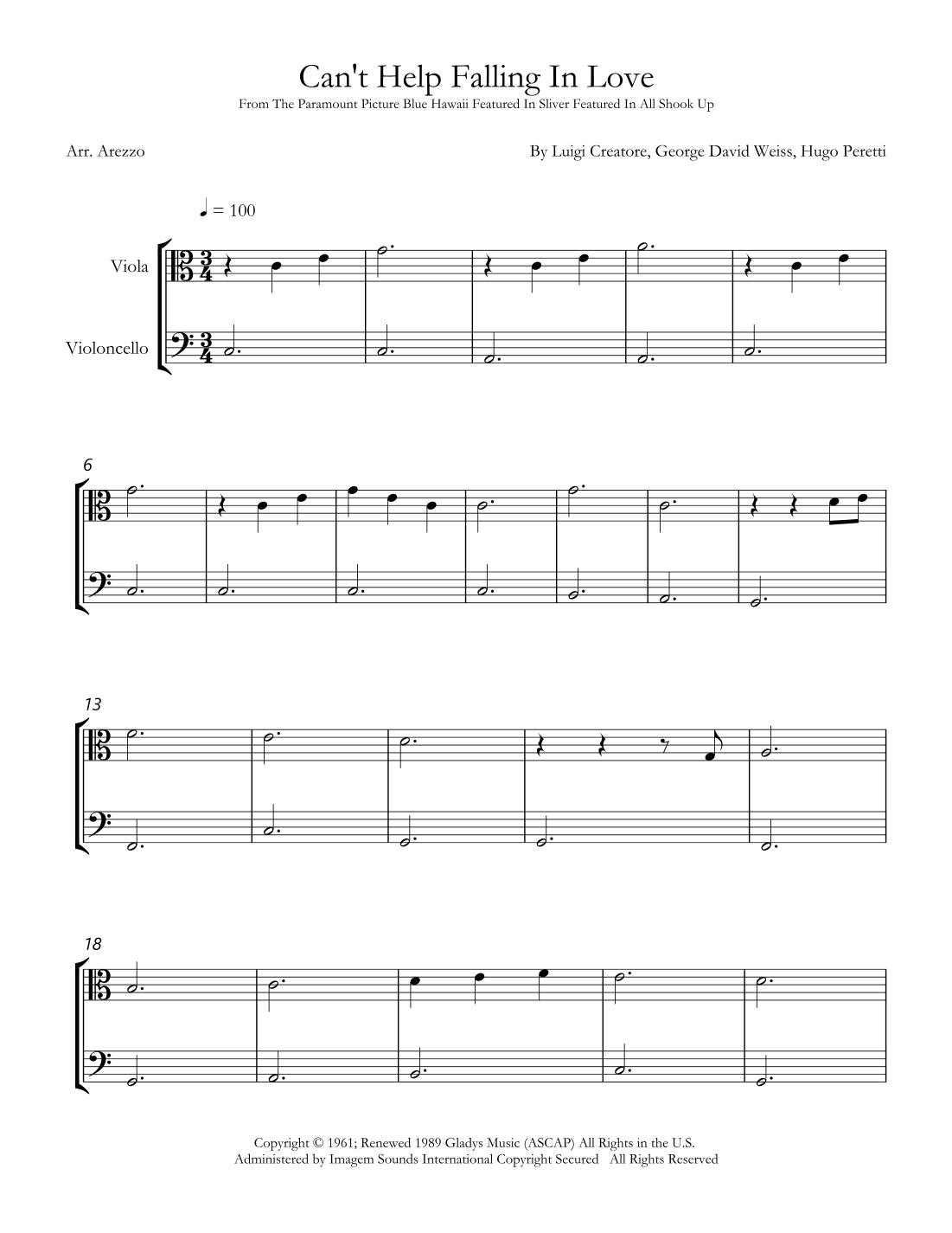 Can't Help Falling In Love (arr. Arezzo Music) by Elvis Presley Sheet ...
