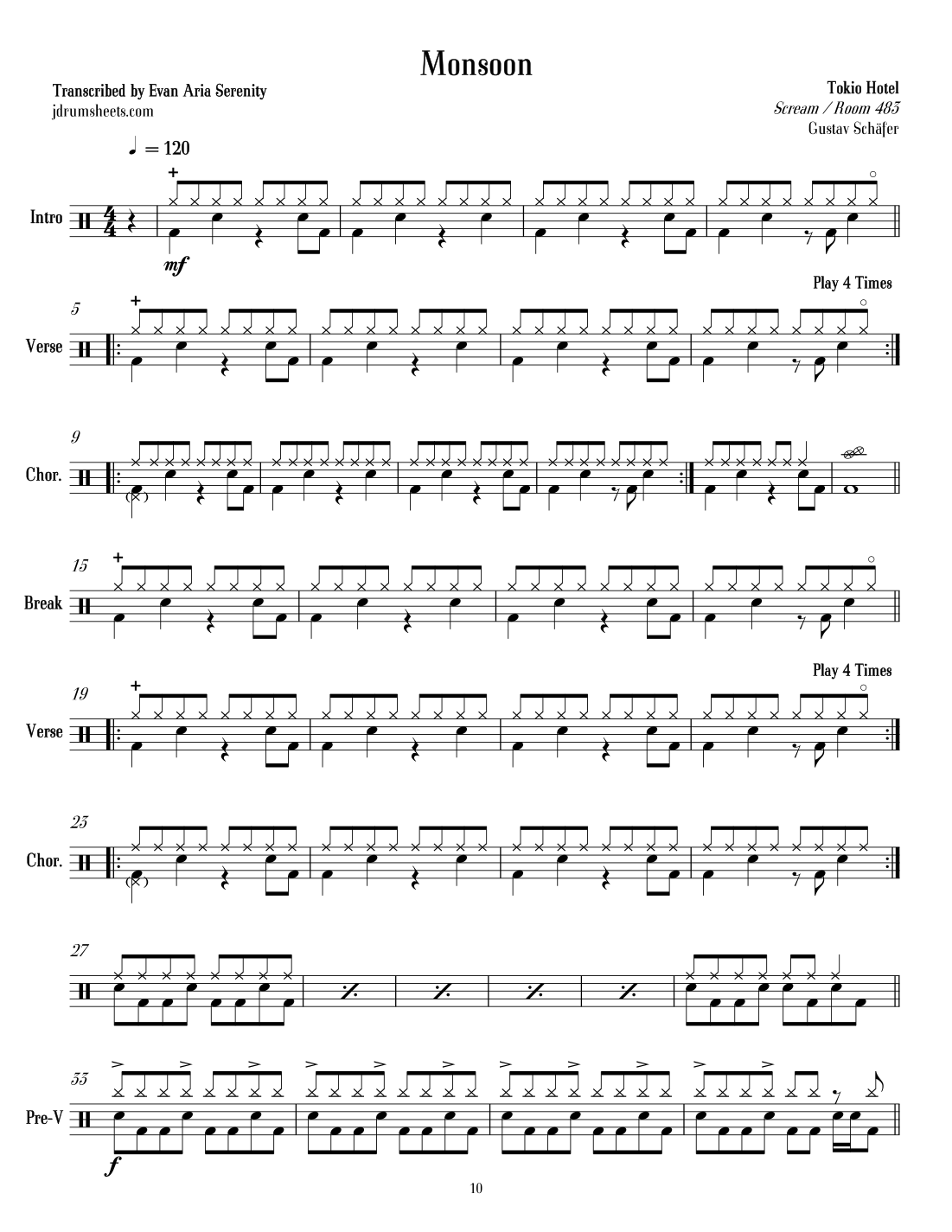 Monsoon (arr. Evan Aria Serenity) by Tokio Hotel Sheet Music for Drums ...