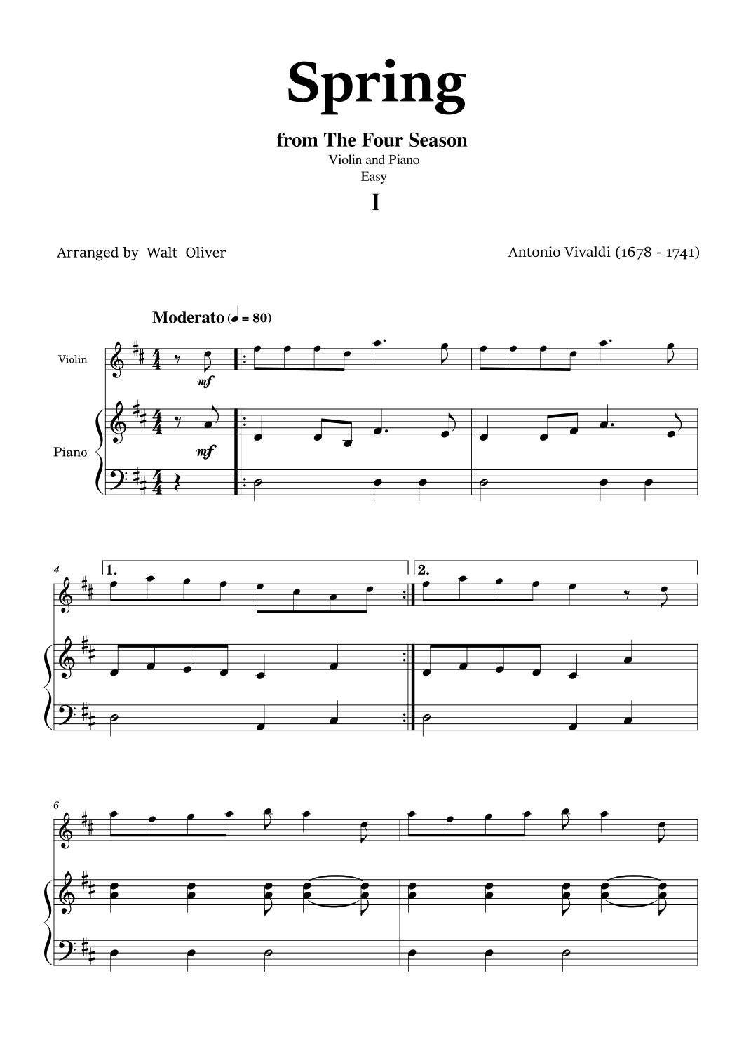 Vivaldi - The Four Seasons - Spring - Violin and Piano - Easy - 1st mov ...