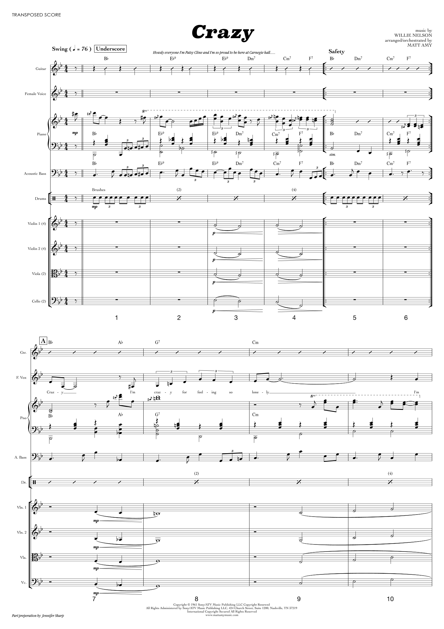 Crazy (arr. Matt Amy) by Patsy Cline Sheet Music for Full Orchestra at ...