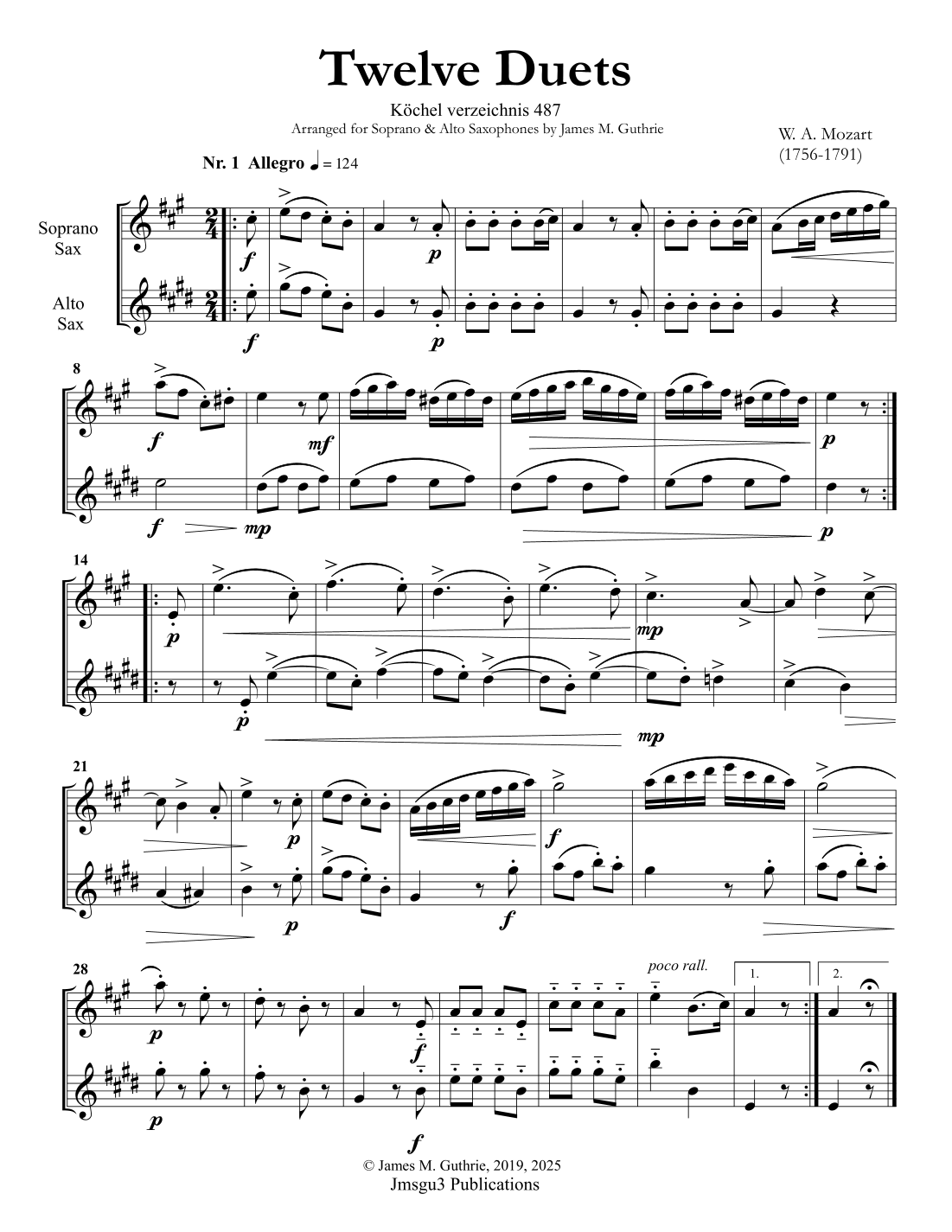 Mozart: Twelve Duets K. 487 for Soprano & Alto Sax Duo (arr. James M ...
