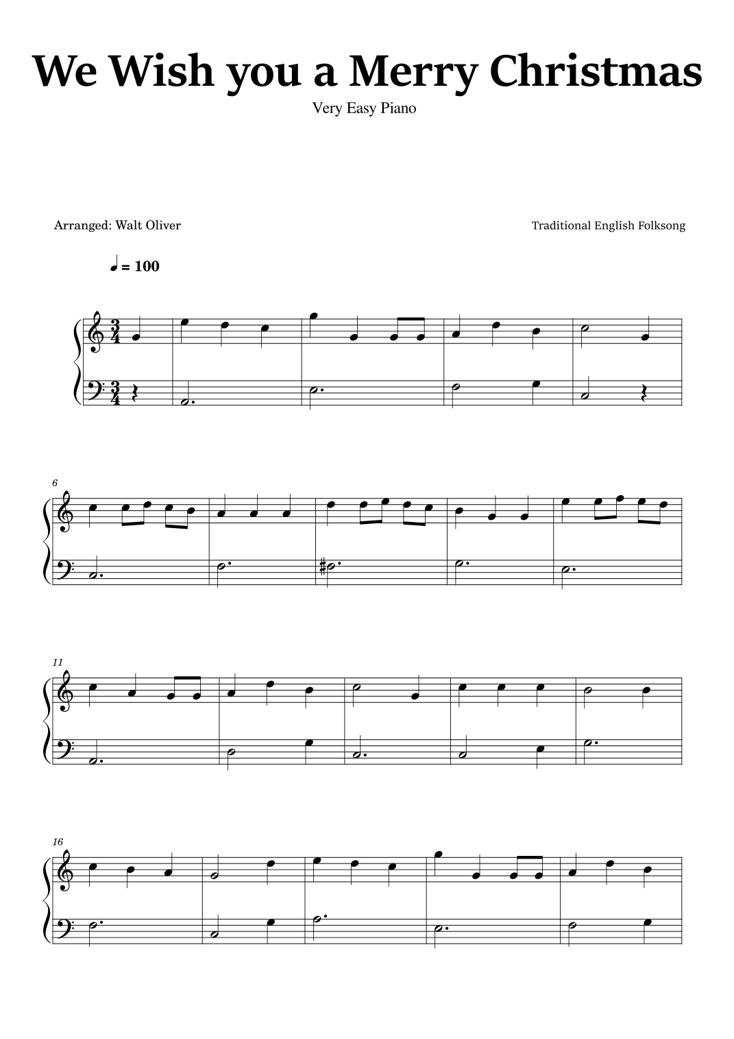 We Wish you a Merry Christmas - Very Easy Piano - C major (arr. Walt ...