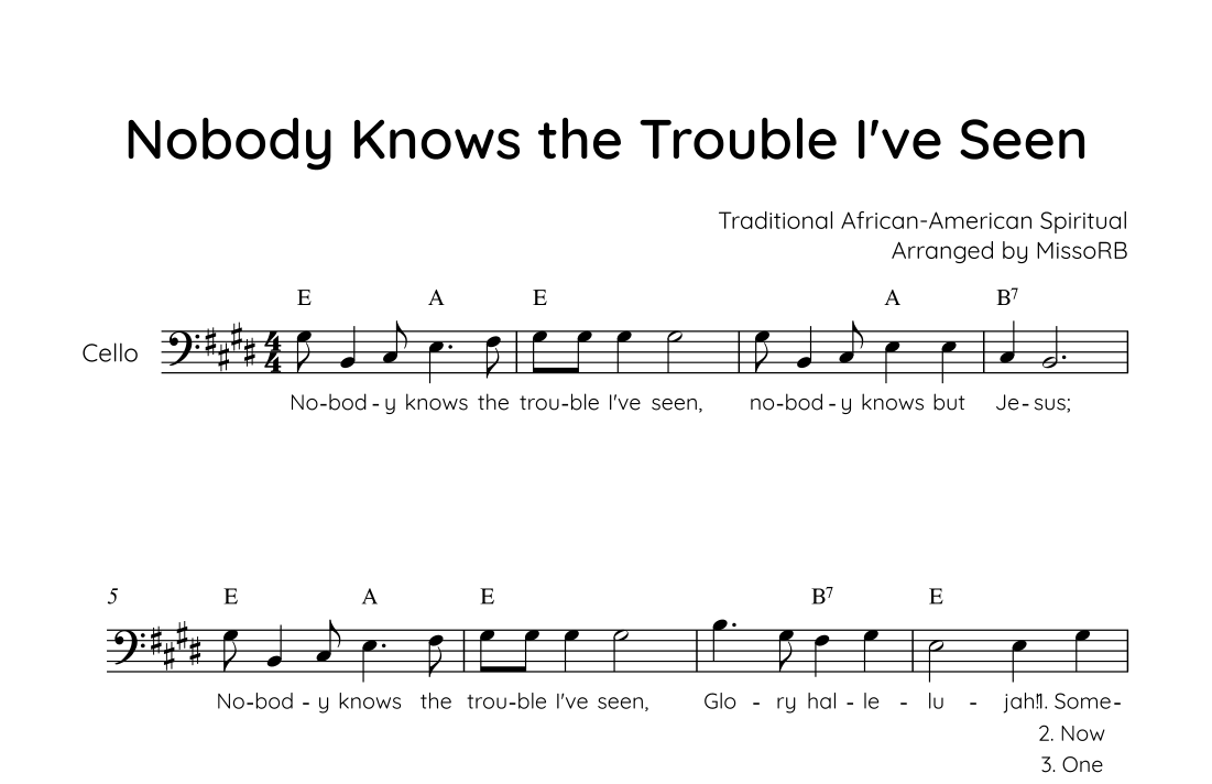 Nobody Knows the Trouble I've Seen - Cello in E With Chords & Lyric ...