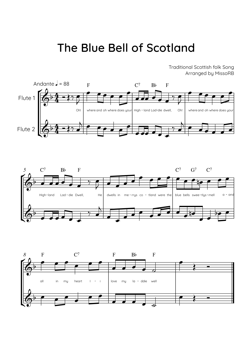 The Blue Bell of Scotland - Flute Duet in F With Chords & Lyric - Easy ...