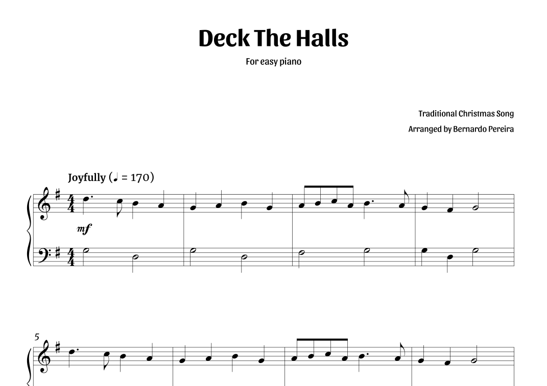 Deck The Halls (easy piano in G major – clean sheet music) (arr ...