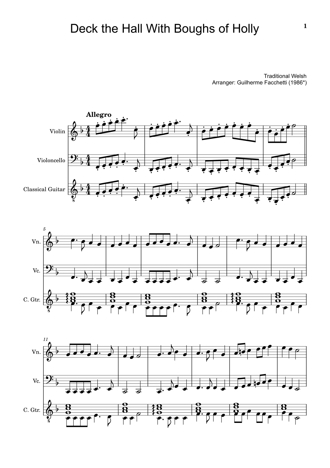 Deck the Hall - Violin, Cello & Guitar (With Parts) (arr. Guilherme ...