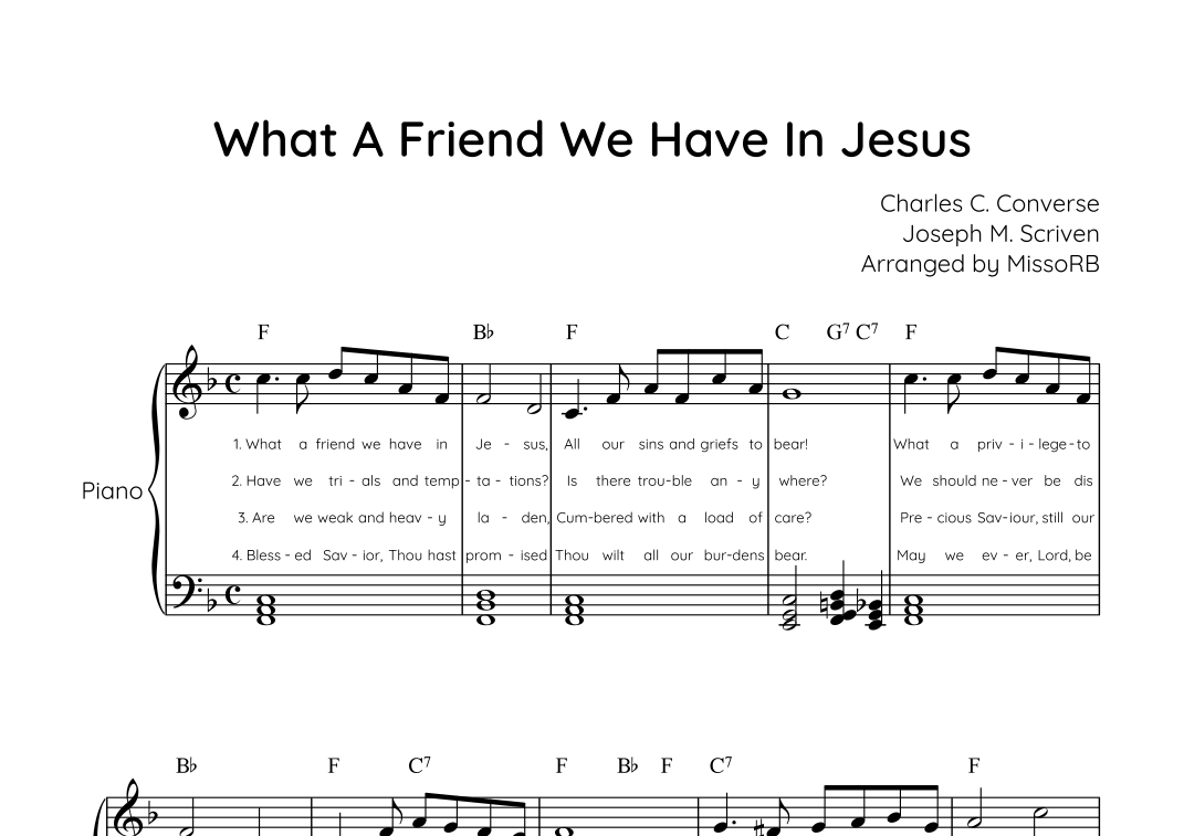 What a Friend We have in Jesus - Piano in F With Chords & Lyric - Easy ...
