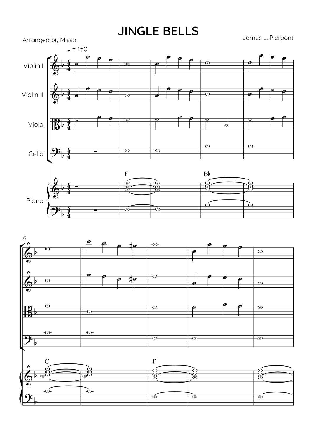 Jingle Bells - Strings Quartet & Piano in F Major - Beginner With Chords & Letter Names (arr ...
