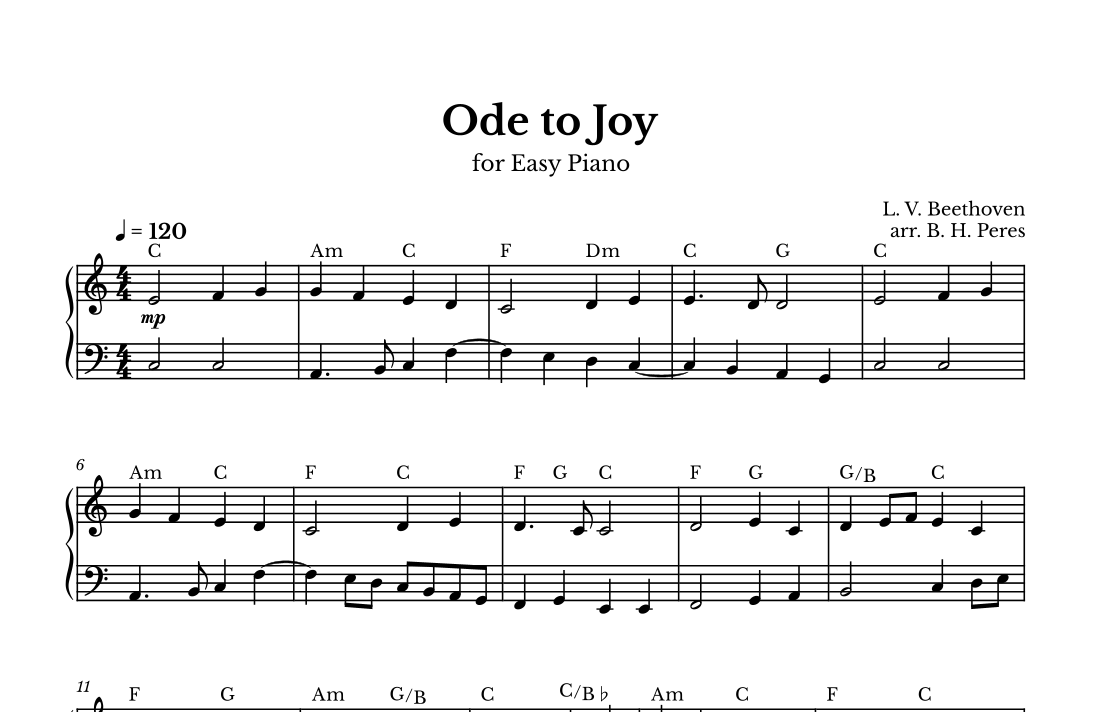 Ode to Joy - Easy Piano - C Major w/ chords (arr. B. H. Peres) by L. v ...