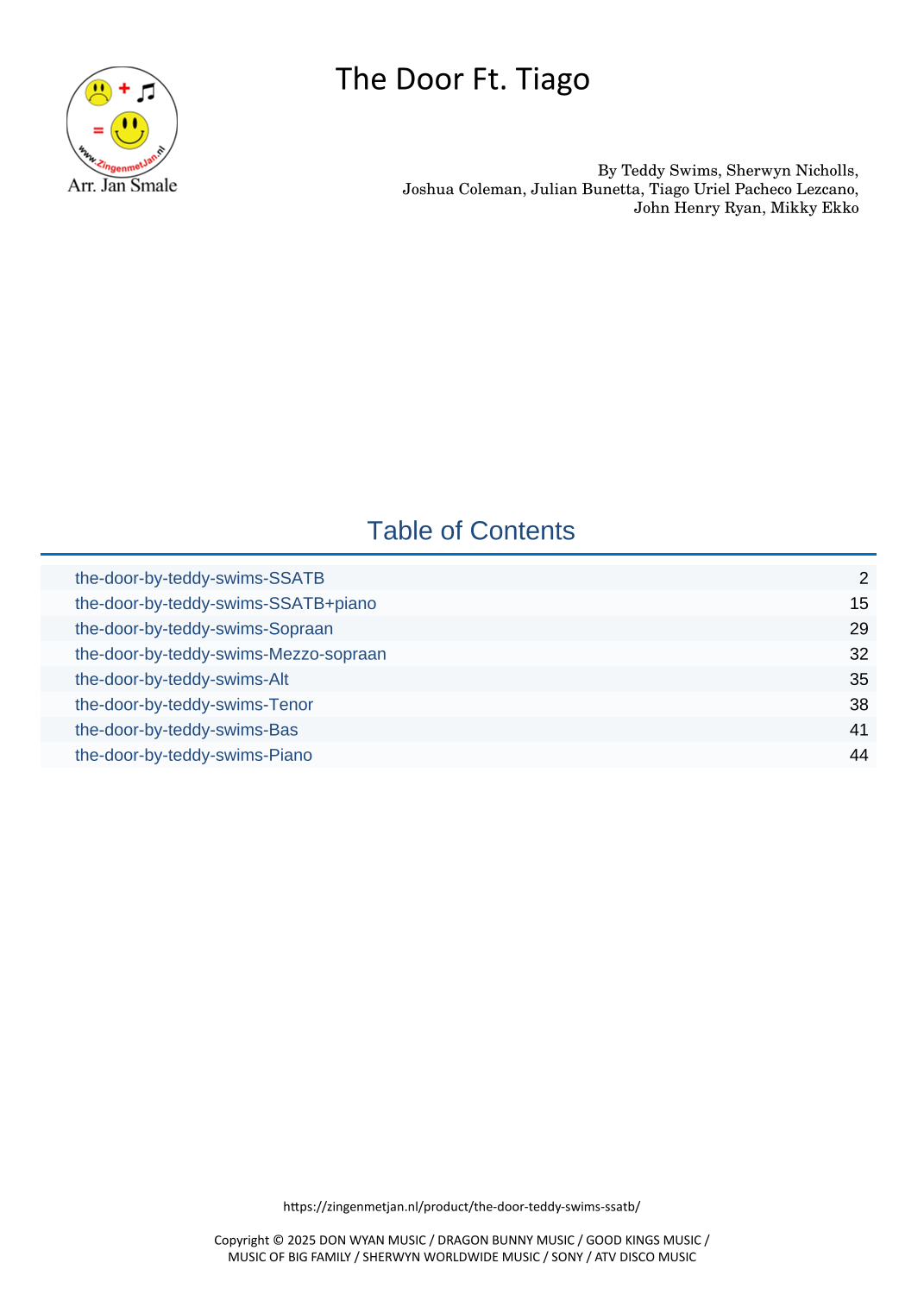 The Door Ft. Tiago (arr. Jan Smale) by Teddy Swims Ft. Tiago Pzk Sheet ...