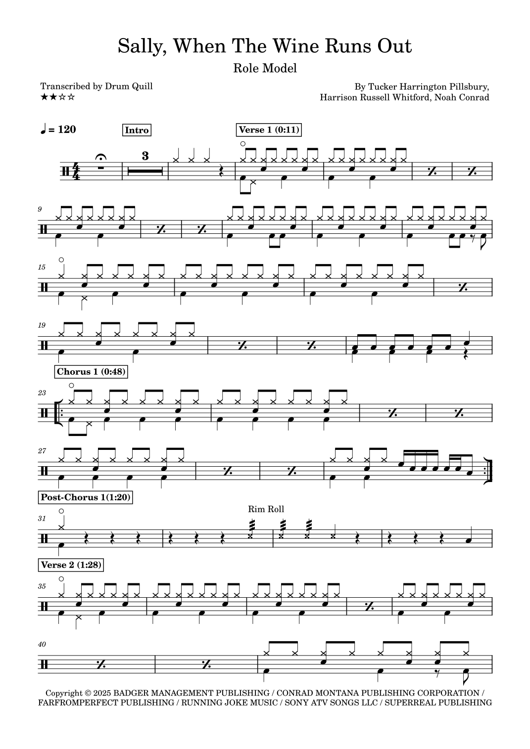 Sally When The Wine Runs Out (arr. Drum Quill) by Role Model Sheet ...