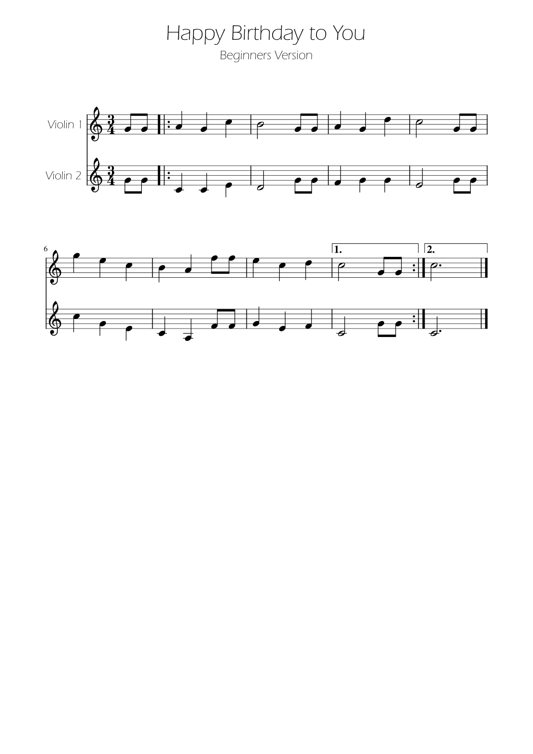 Happy Birthday to You - Violin Duet by Public Domain Sheet Music for ...