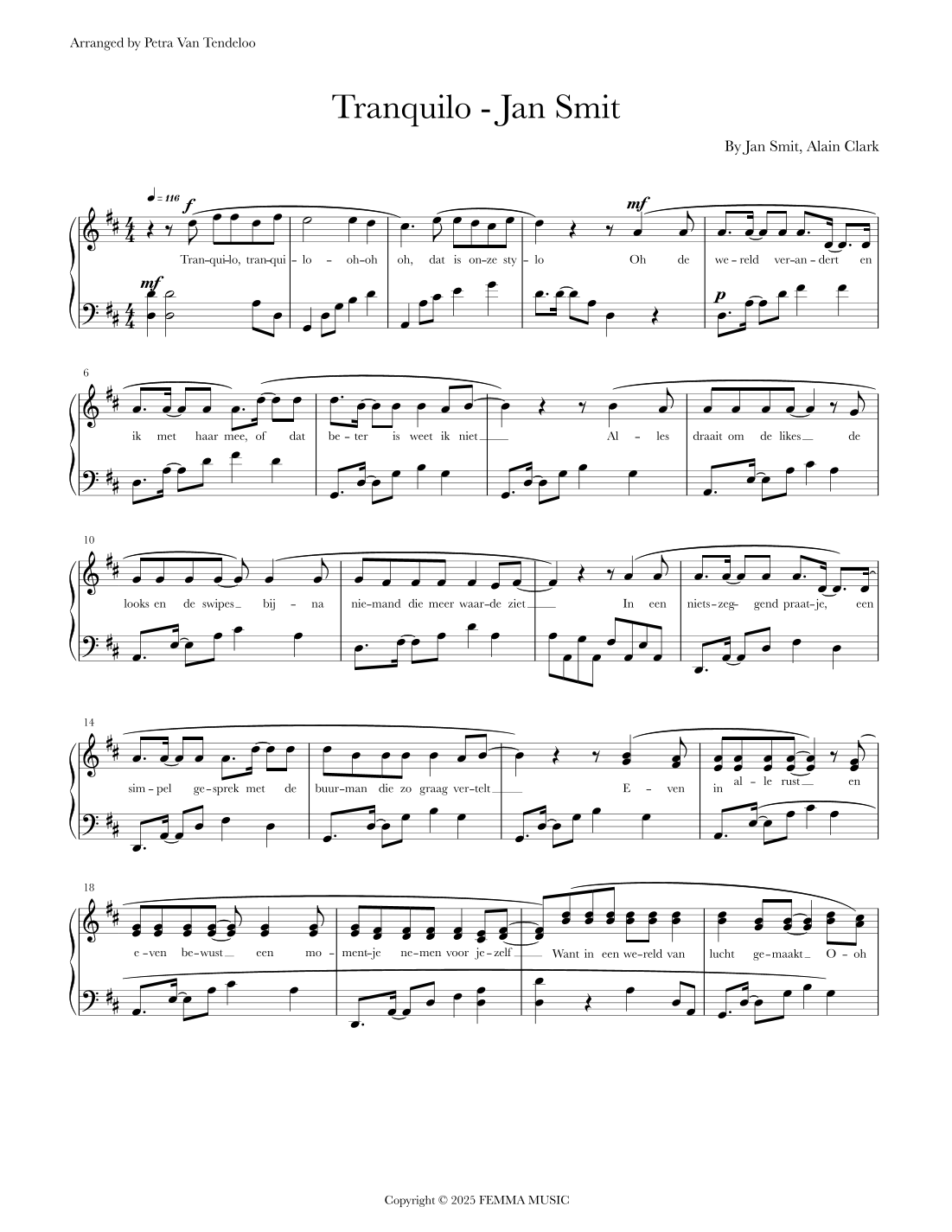 Tranquilo (arr. Petra Van Tendeloo) by Jan Smit Sheet Music for Piano & Vocal at Sheet Music Direct