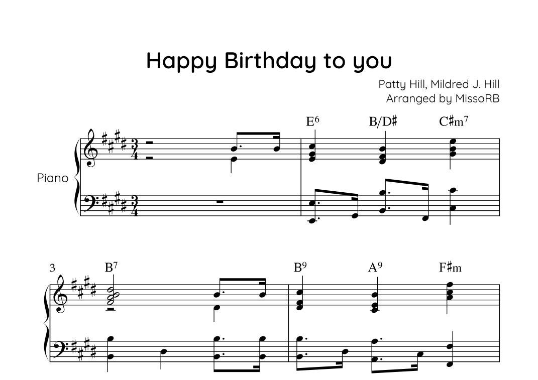 HAPPY BIRTHDAY TO YOU - PIANO IN E WITH CHORDS - ADVANCED (ARR. MISSORB ...
