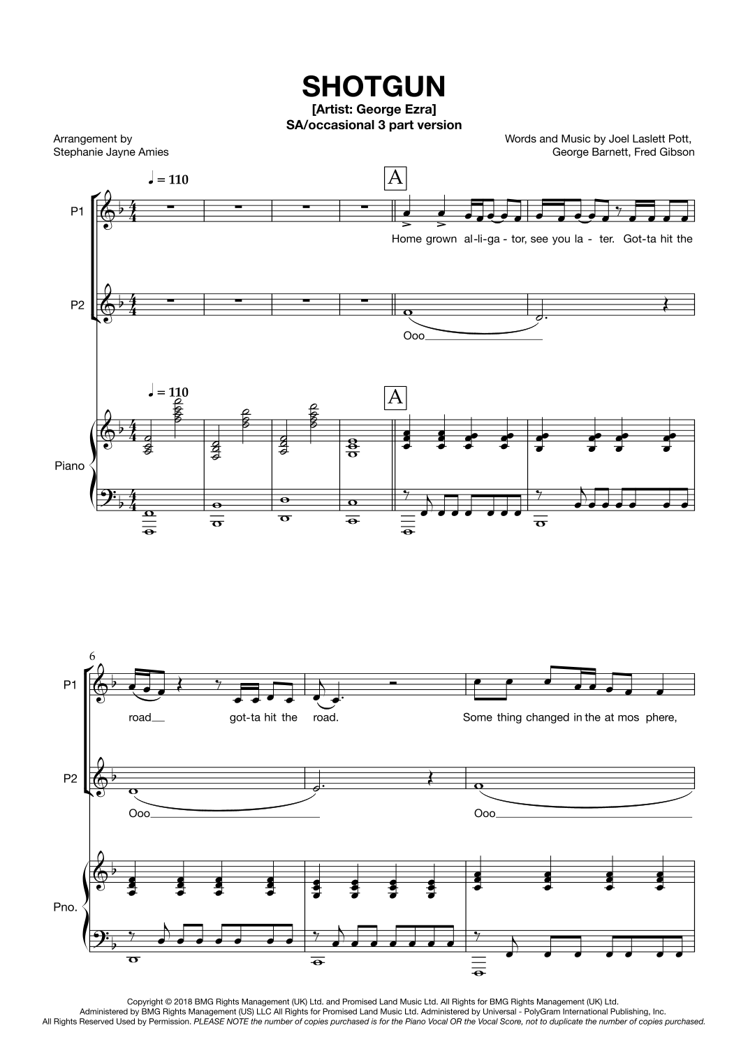 Shotgun (arr. Stephanie Jayne Amies) by George Ezra Sheet Music for ...