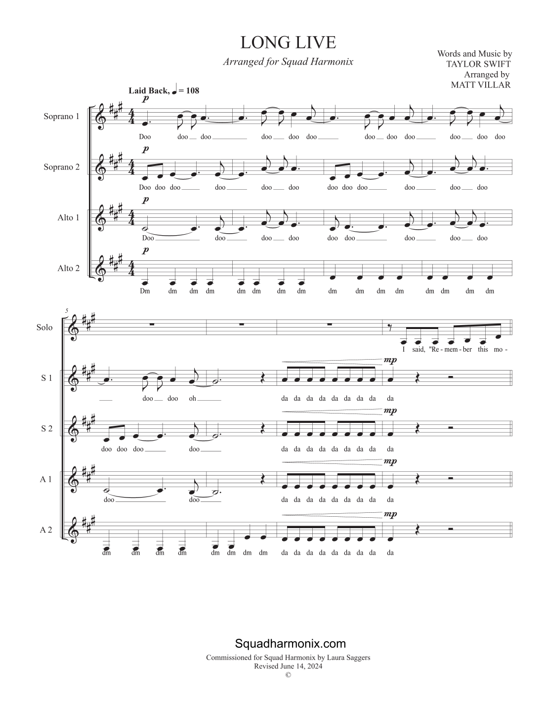 Long Live (arr. Matt Villar) by Taylor Swift Sheet Music for SSAA Choir ...