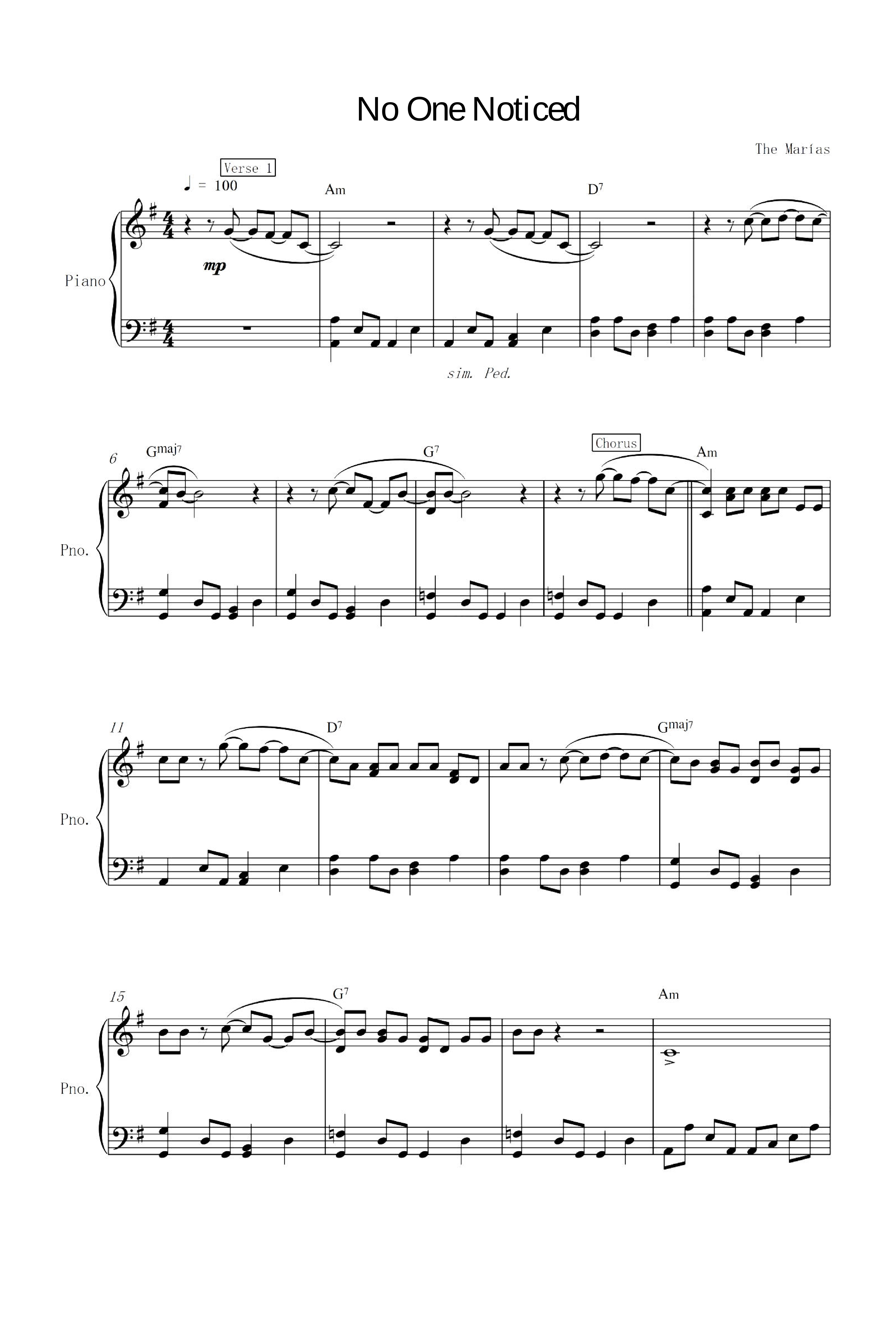 No One Noticed (arr. The Marias) by The Marias Sheet Music for Piano ...