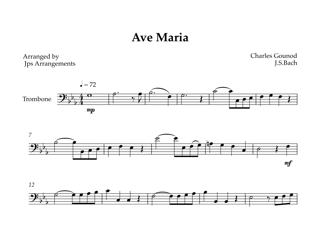 Ave Maria (Bach/Gounod) for Trombone in Eb Major – Easy Intermediate ...