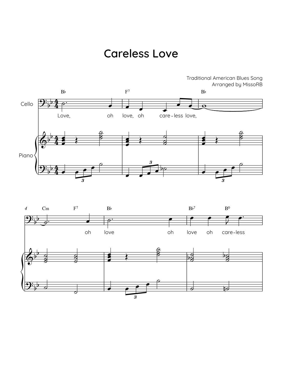 Careless Love - Cello & Piano in Bb With Chords & Lyric - Easy (arr ...