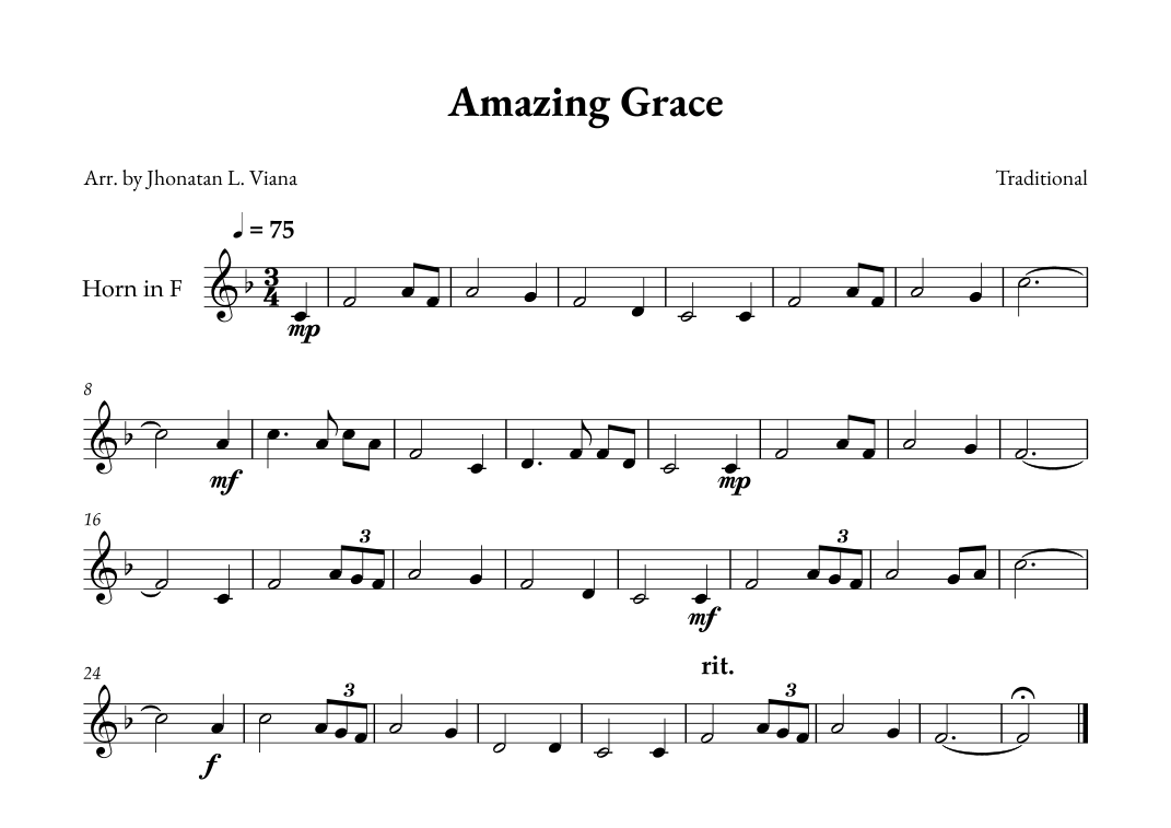 Amazing Grace (arr. Jhonatan Lucio Viana) by Traditional Sheet Music ...