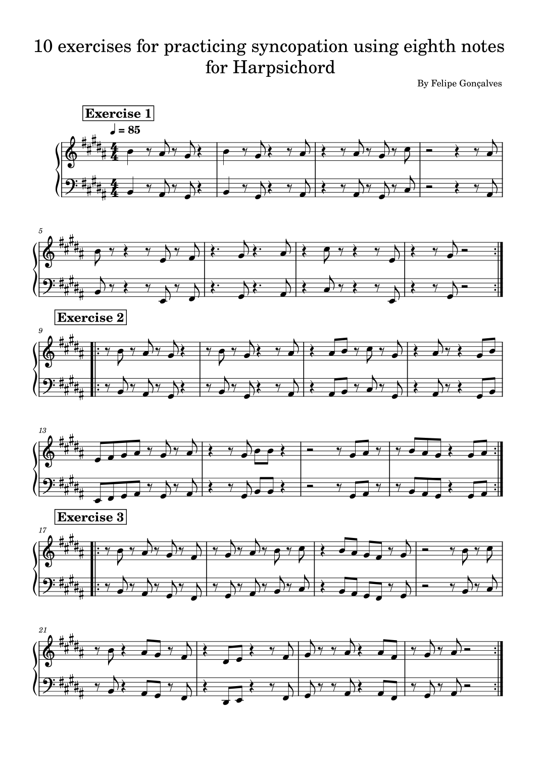 10 exercises for syncopation using eighth notes for Harpsichord in B ...