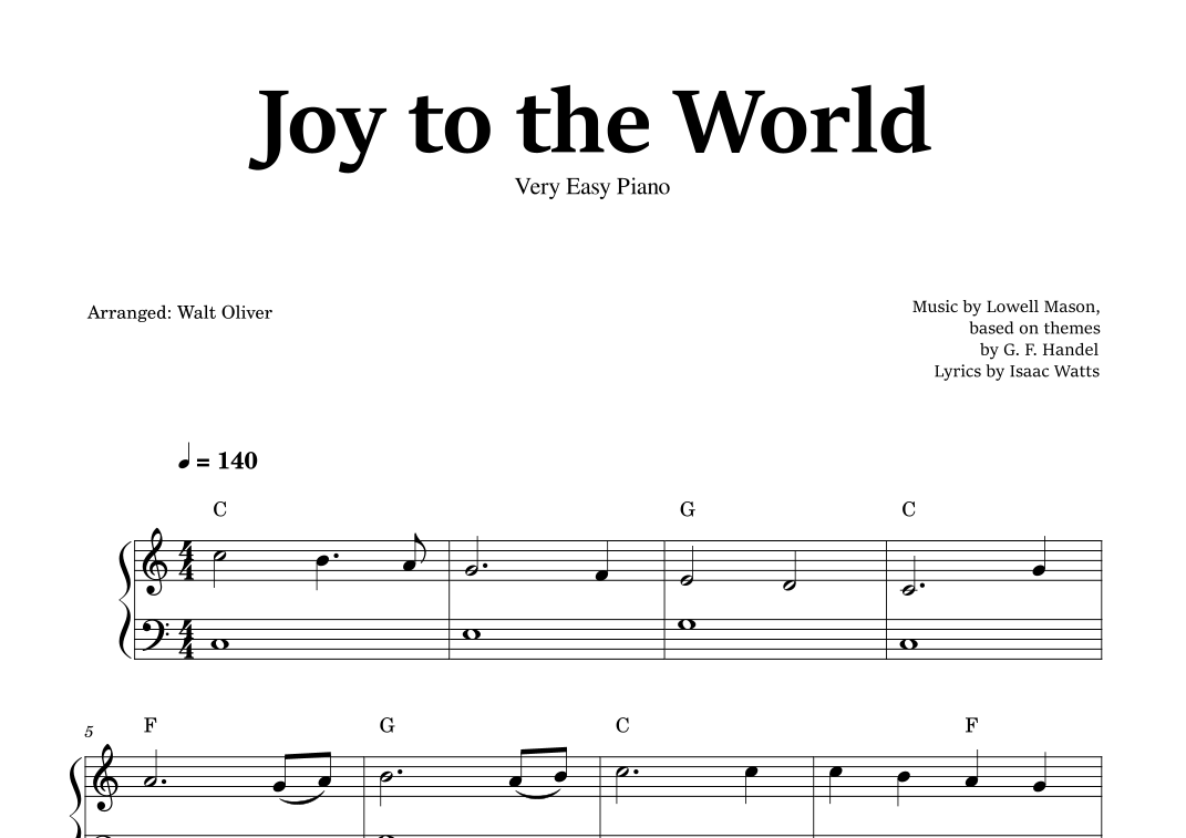 Joy to the World - Very Easy Piano - C major (with chords) (arr. Walt ...