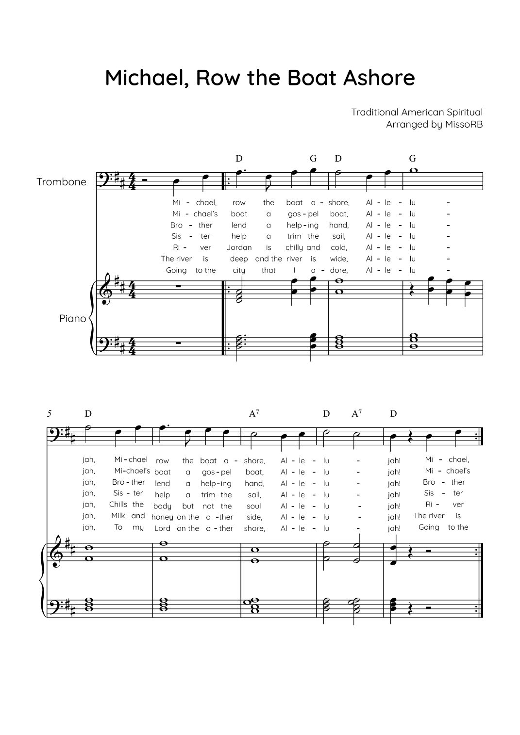 Michael, Row the Boat Ashore - Trombone & Piano in D With Chords ...