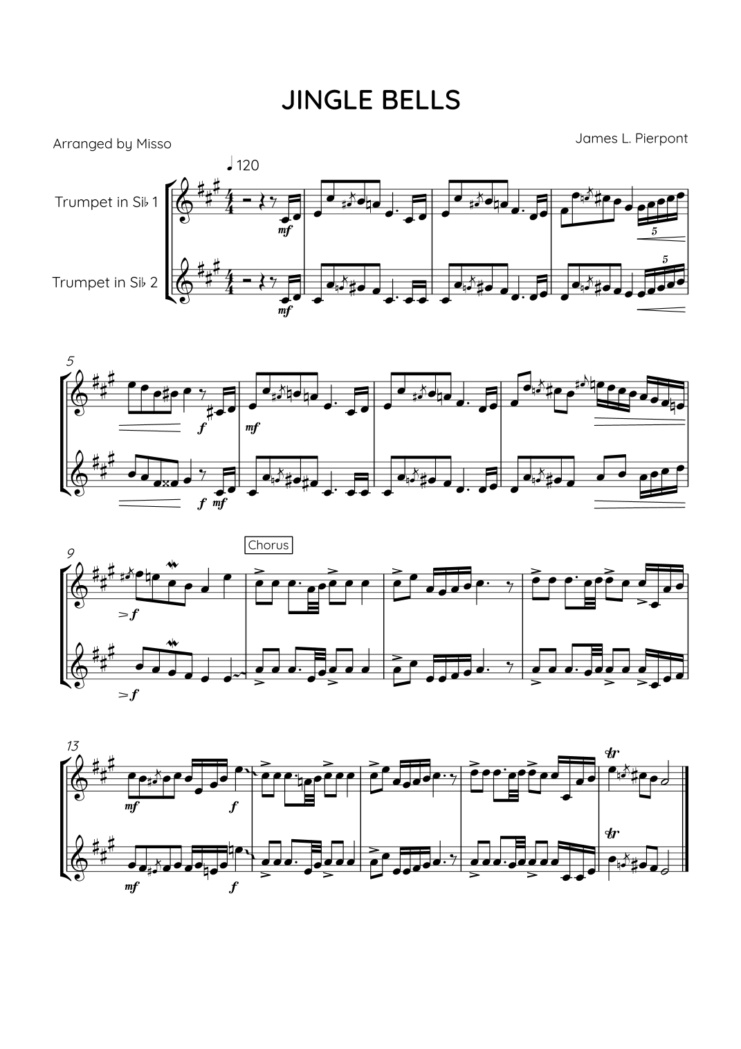 Jingle Bells - Trumpet Duet in G Major (Advanced) (arr. MissoRB) by James L. Pierpont Sheet ...