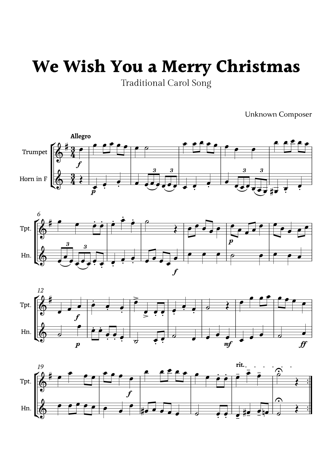 We Wish you a Merry Christmas for Trumpet and French Horn Duet (arr ...