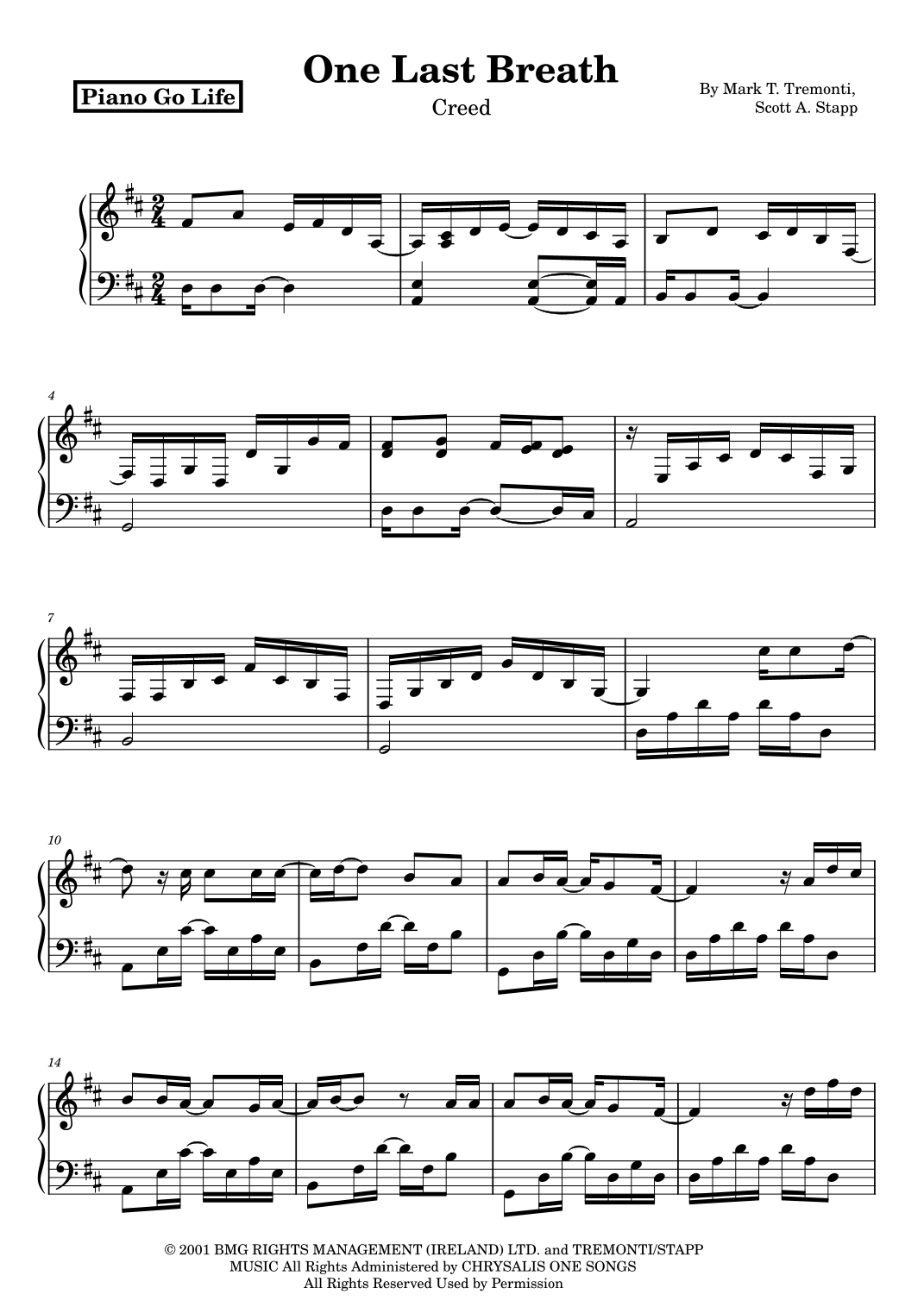 One Last Breath (arr. Piano Go Life) by Creed Sheet Music for Piano ...