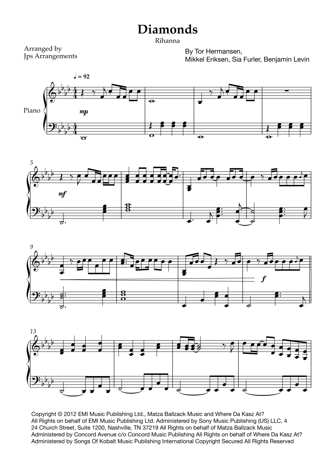 Diamonds (arr. Jps Arrangements) by Rihanna Sheet Music for Piano Solo ...