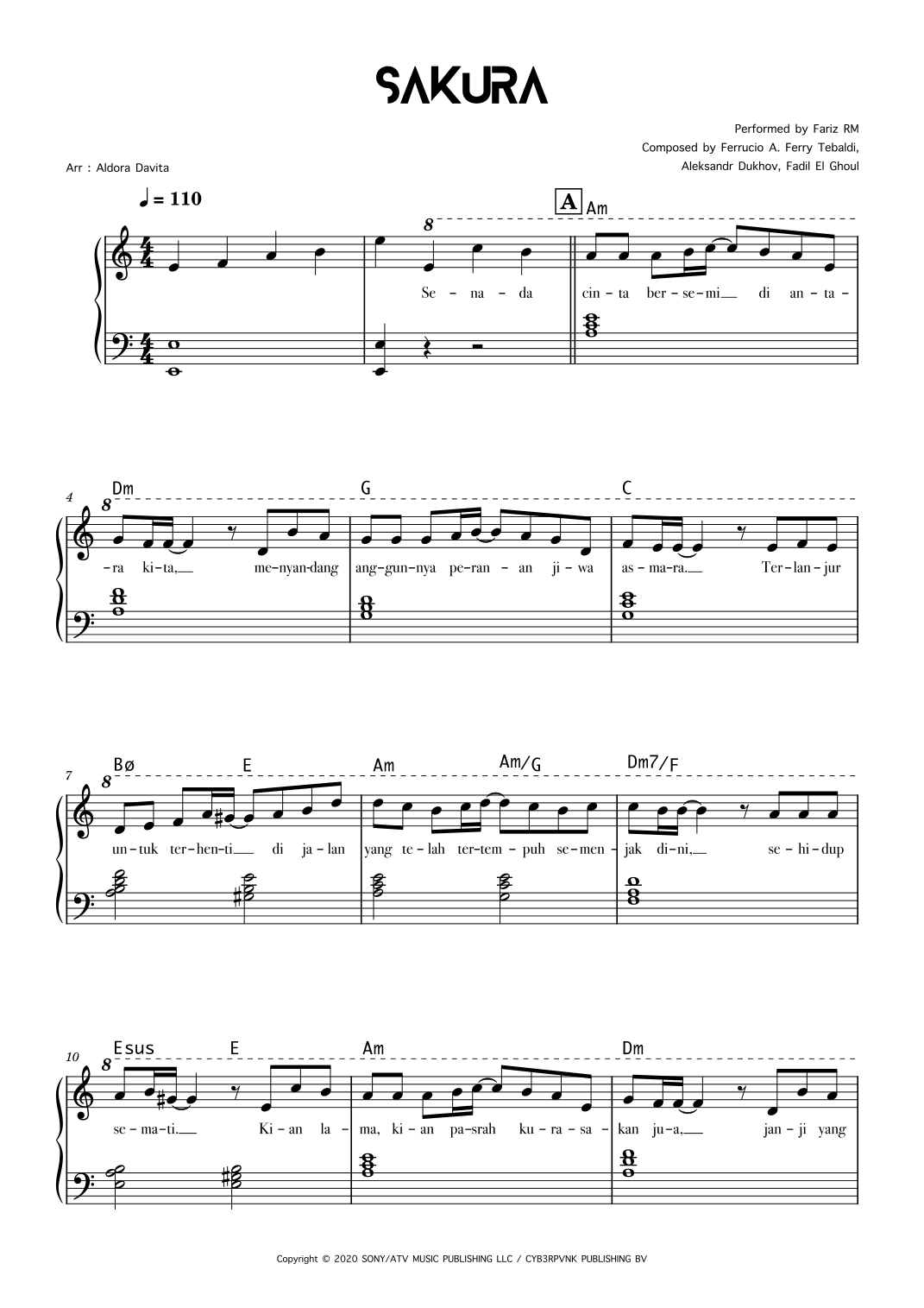 Sakura (arr. Aldora Davita) by Fariz Rm Sheet Music for Easy Piano at ...
