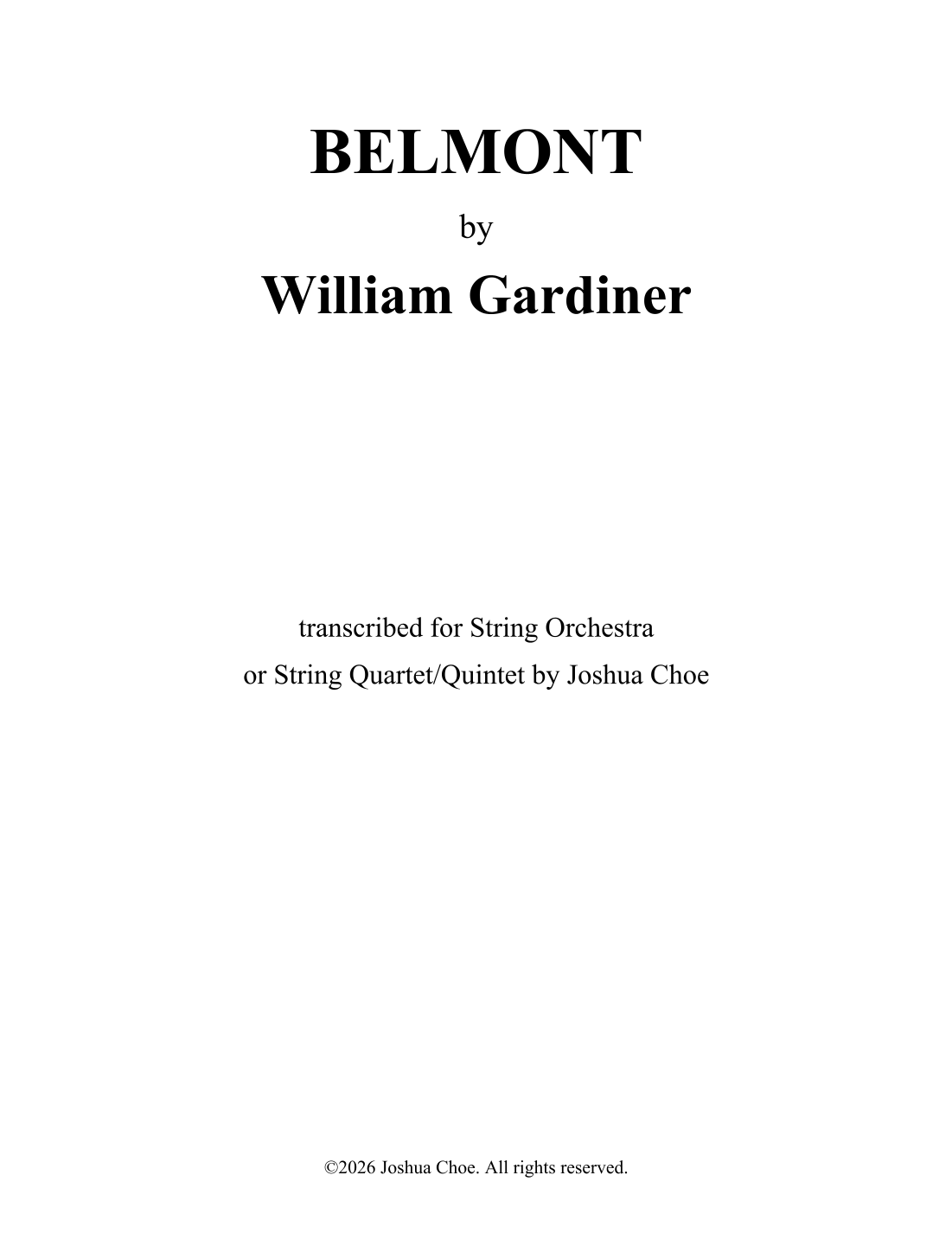 BELMONT (arr. Joshua Choe) by William Gardiner Sheet Music for ...