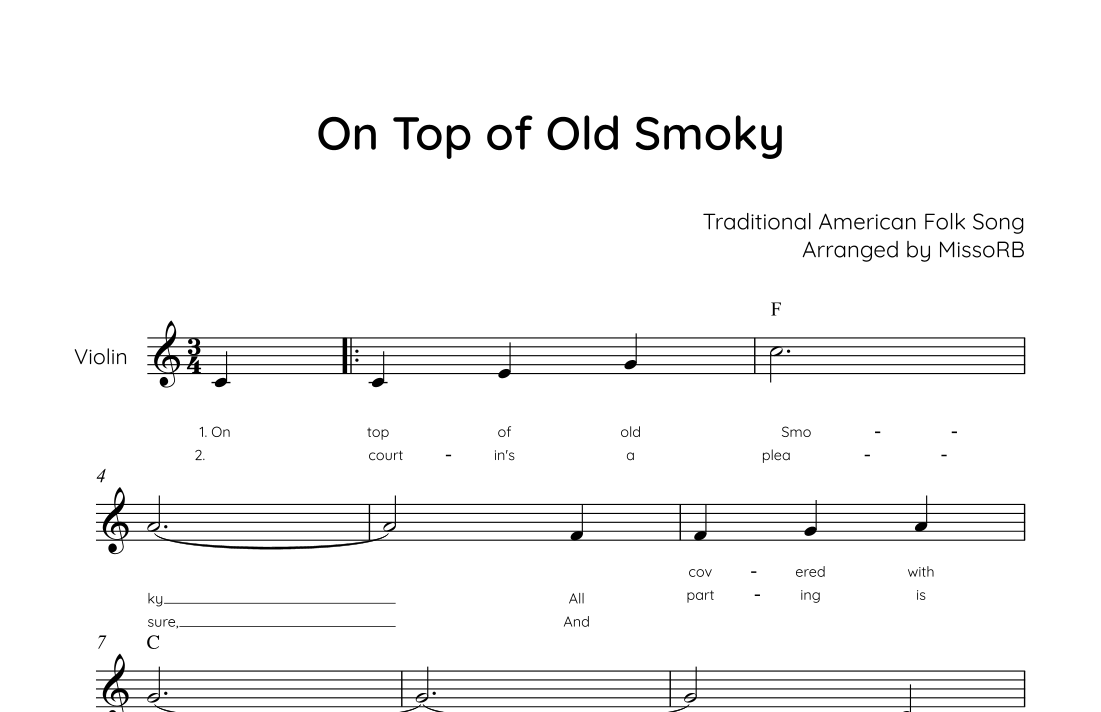 On Top of Old Smoky - Violin in C With Chords & Lyric - Easy (arr ...