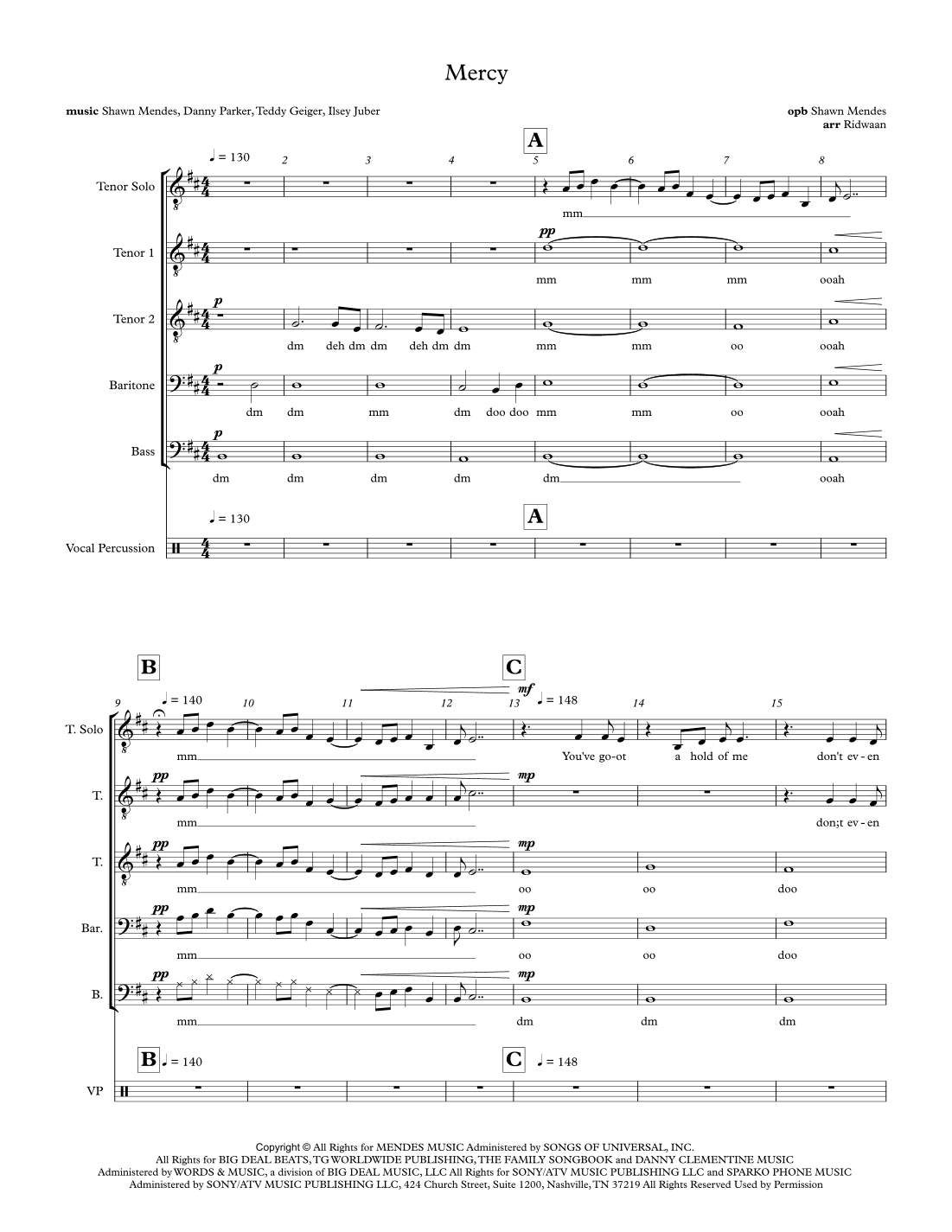 Mercy (arr. Ridwaan) par Shawn Mendes Partitions pour Choeur TTBB sur ...