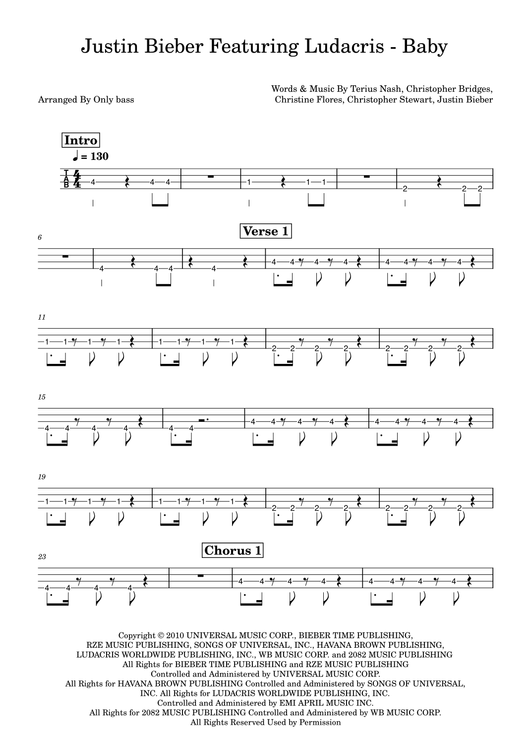 Baby (arr. Only Bass) by Justin Bieber Featuring Ludacris Sheet Music ...
