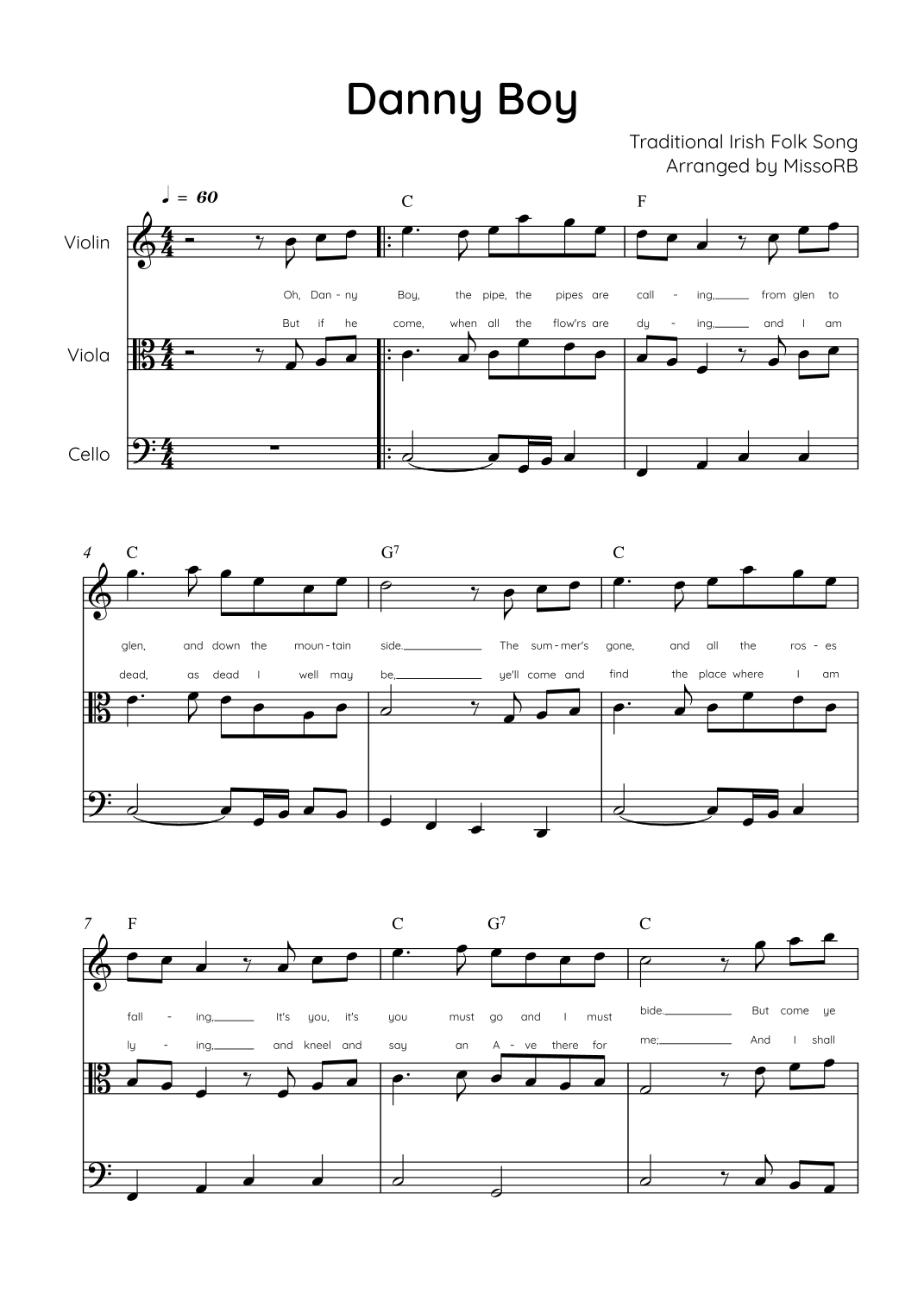 Danny Boy - String Trio in C With Chords & Lyric - Easy (arr. MissoRB ...