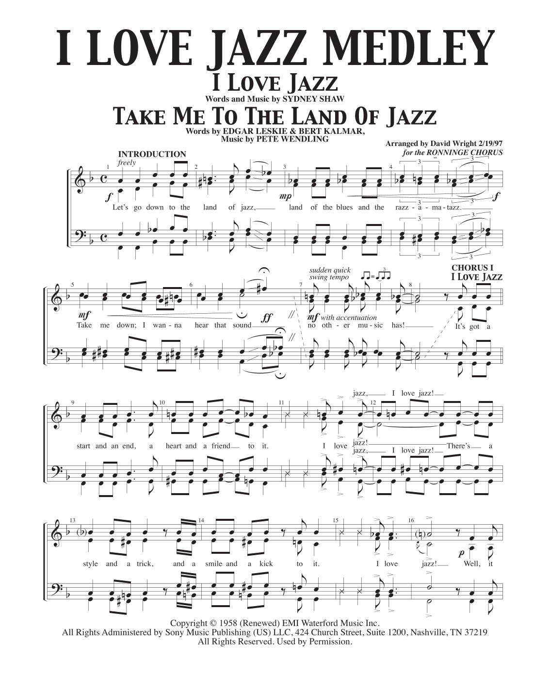 I Love Jazz (arr. David Wright) by Syd Shaw Sheet Music for SSAA Choir ...