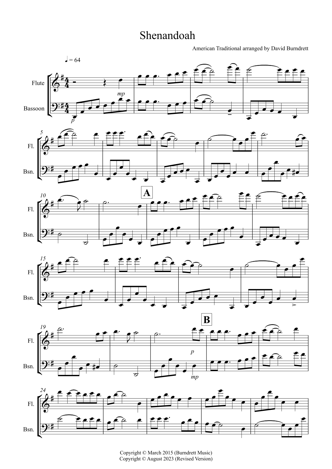 Shenandoah for flute and Bassoon Duet (arr. David Burndrett) by Traditional Sheet Music for ...