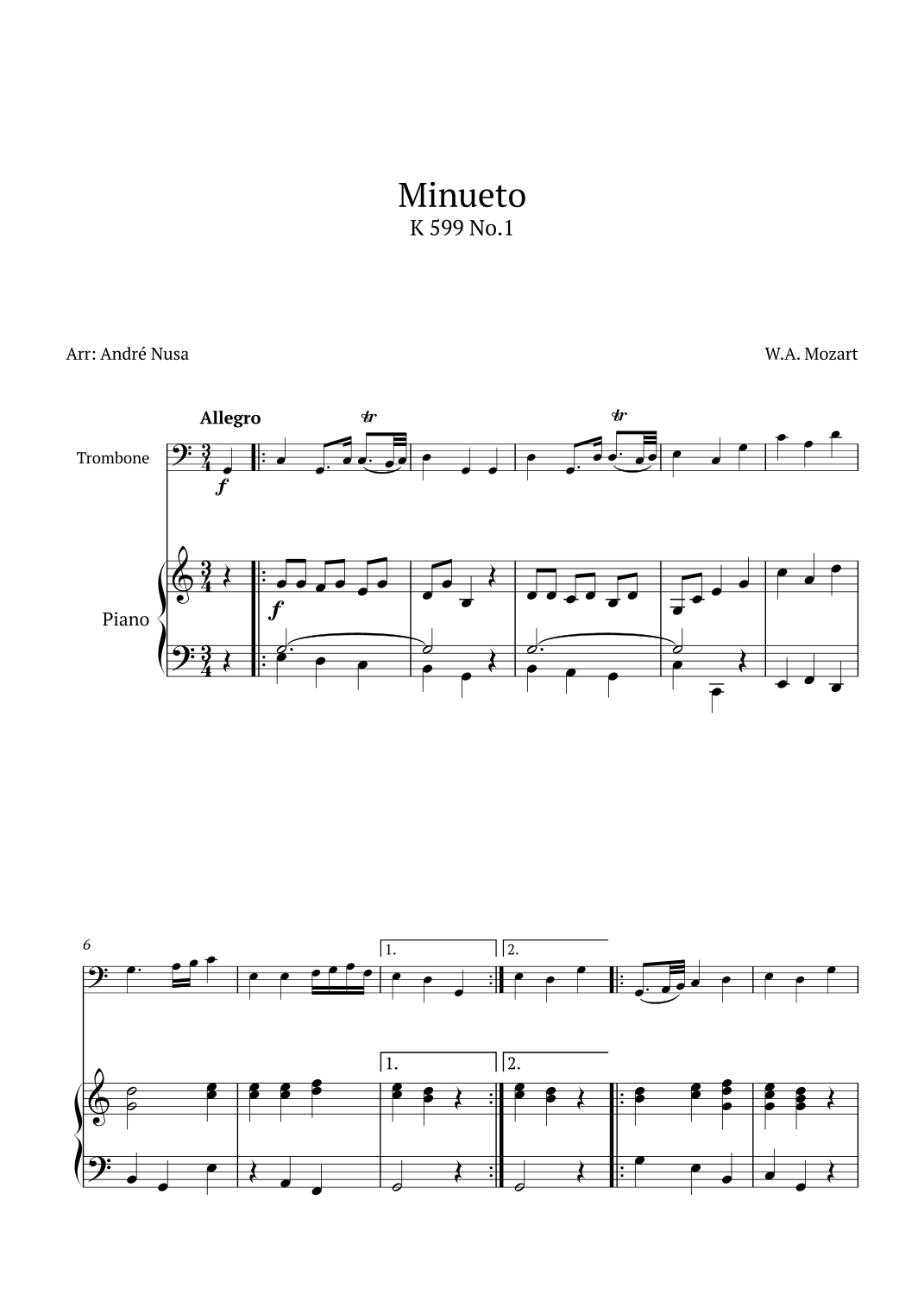Minuet K599 No.1 (arr. André Nusa) by W.A. Mozart Sheet Music for ...