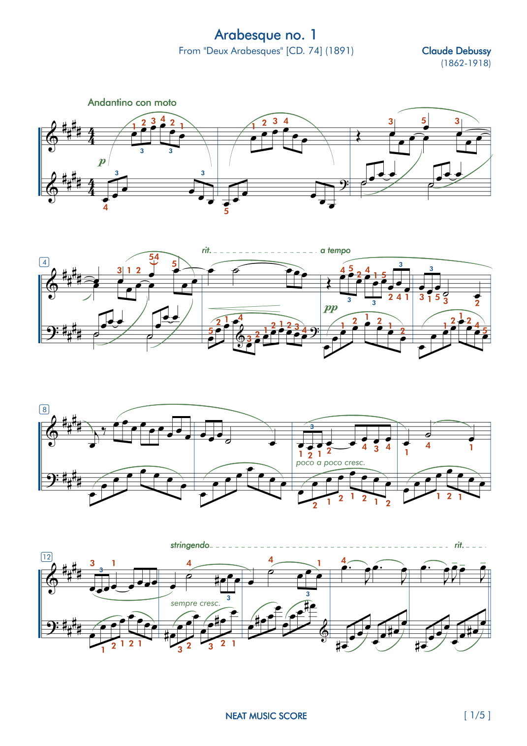 Debussy - Arabesque 1 (CD. 74-1) [NMS] A4 (arr. Neat Music Score) by ...