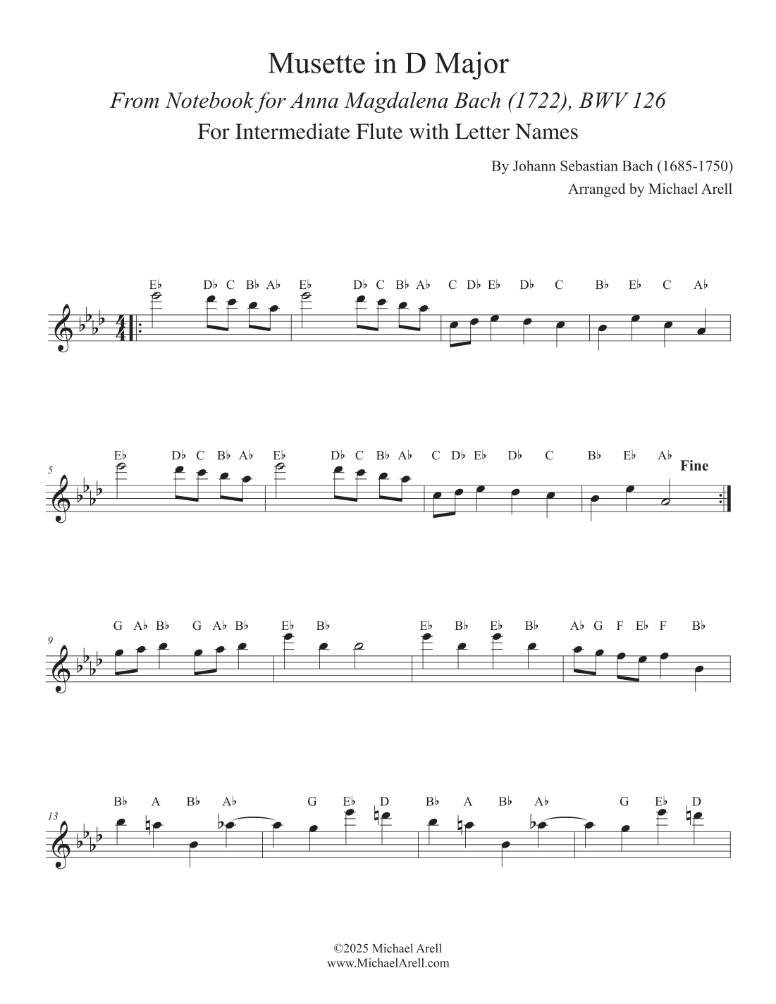 Bach Musette in D Major for Flute (arr. Michael Arell) by Johann ...