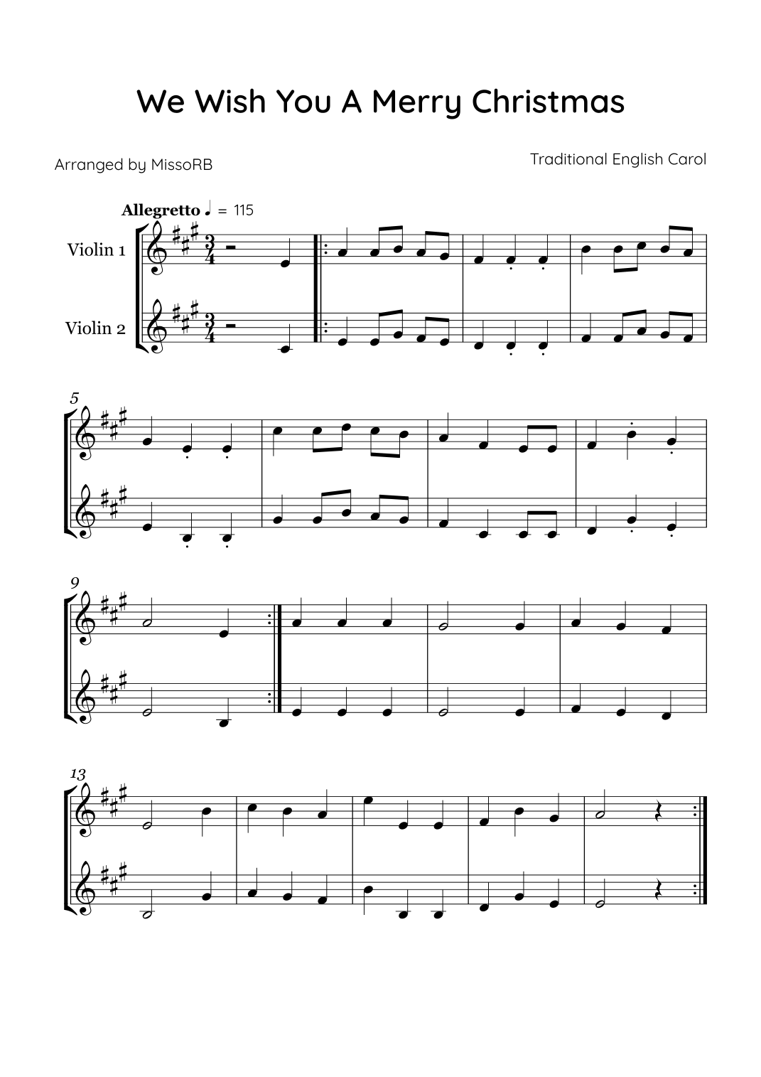 We Wish You a Merry Christmas - Violin Duet in A Major (Easy) (arr ...