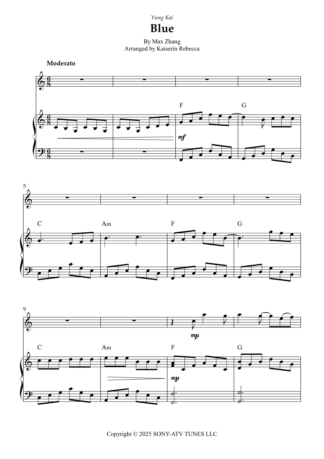 Blue (arr. Kaiserin Rebecca) by Yung Kai Sheet Music for Oboe and Piano ...